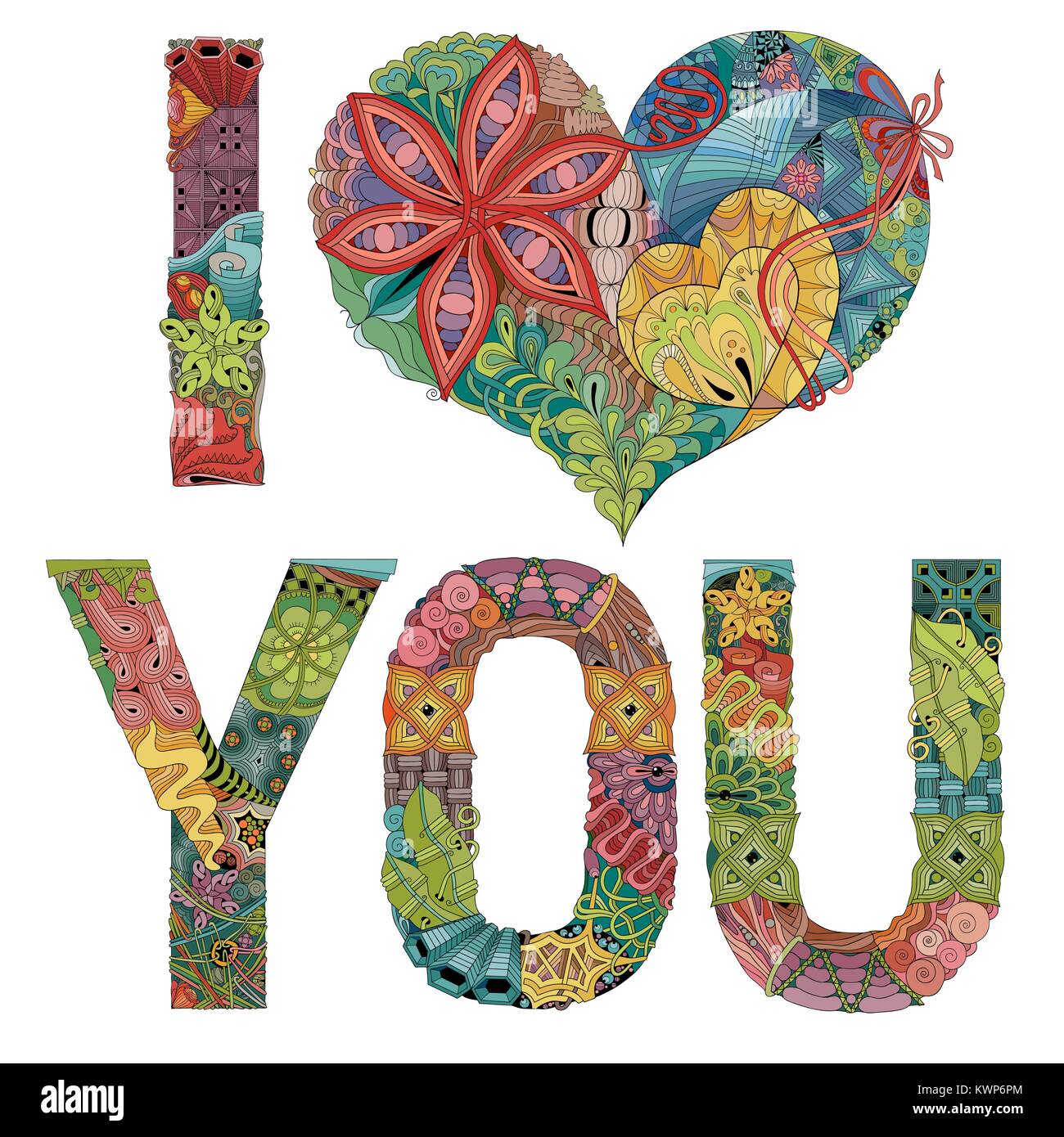 Hand-painted art design. Hand drawn illustration words I LOVE YOU for t ...
