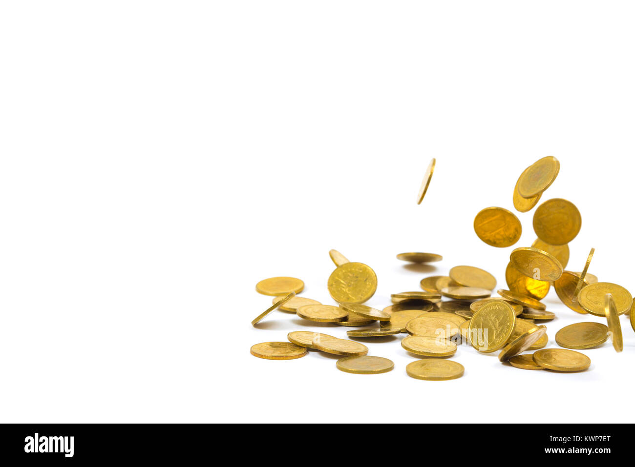 Falling gold coins money isolated on the white background, business ...
