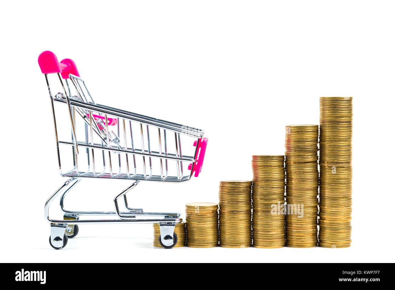Step of stacks of coins and shopping cart or supermarket trolley ...