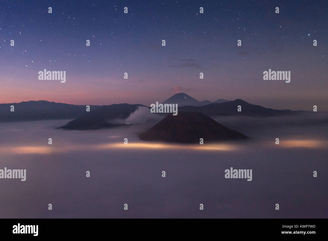 Bromo, Batok and Semeru volcanoes at night, Java island, Indonesia ...