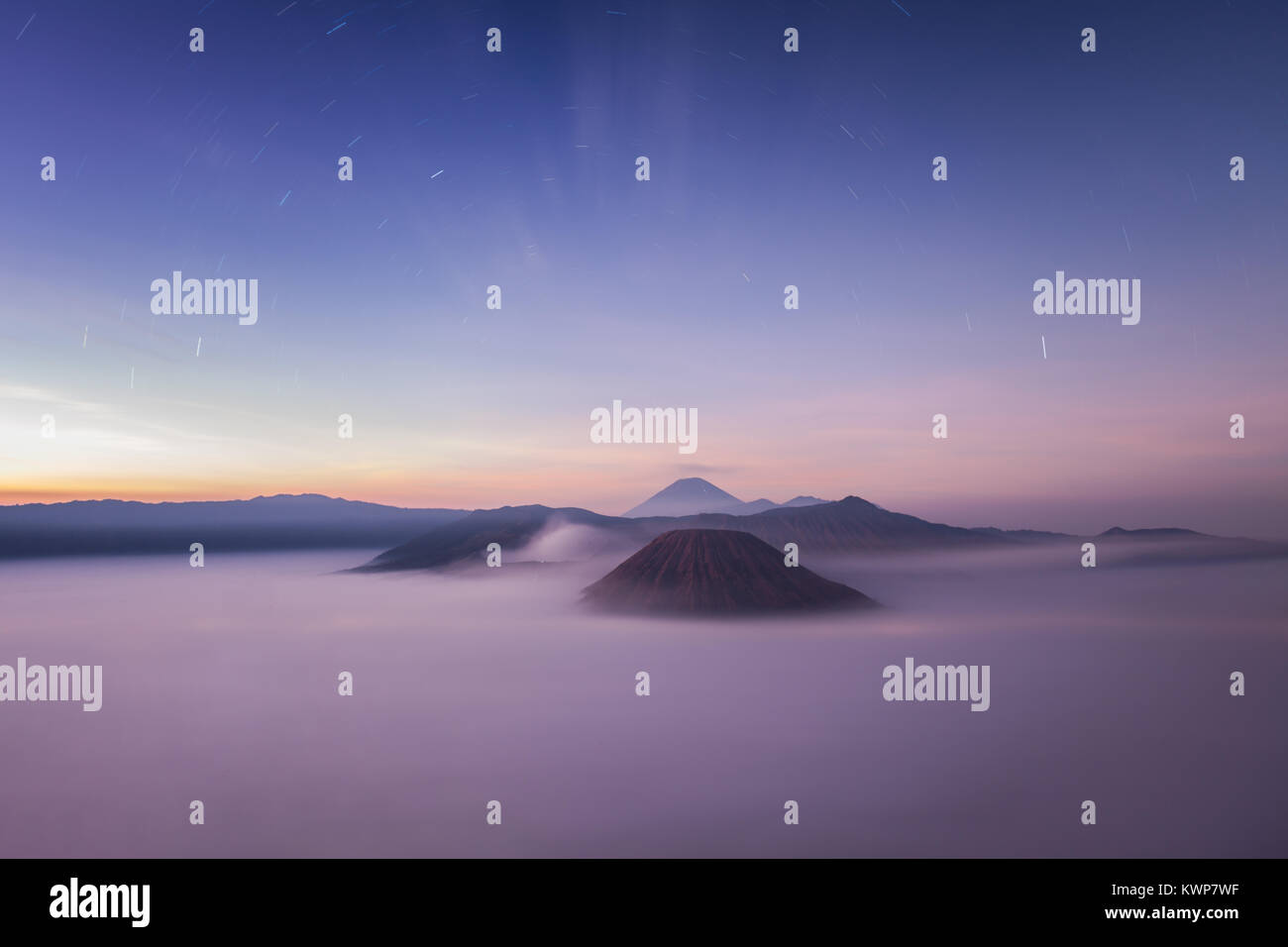Bromo, Batok and Semeru volcanoes at night, Java island, Indonesia ...