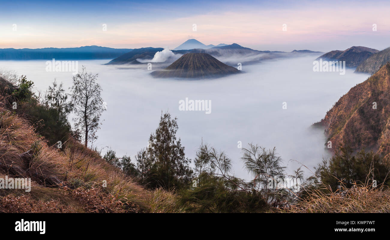 Bromo, Batok and Semeru volcanoes at sunrise, Java island, Indonesia ...