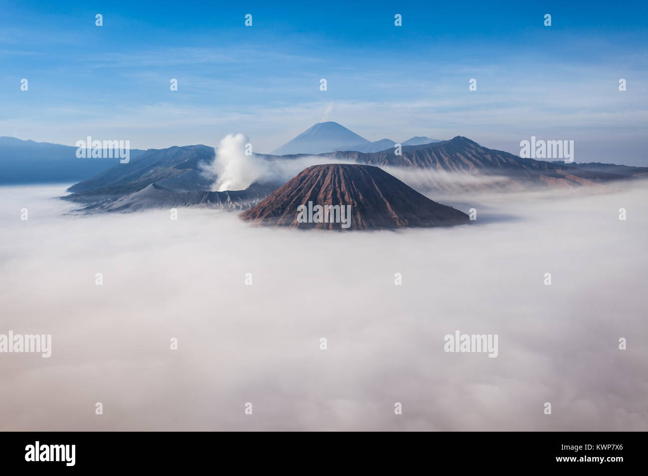 Bromo, Batok and Semeru volcanoes, Java island, Indonesia Stock Photo ...