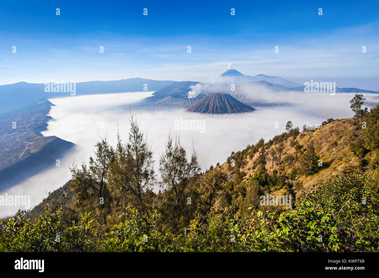 Bromo, Batok and Semeru volcanoes, Java island, Indonesia Stock Photo ...
