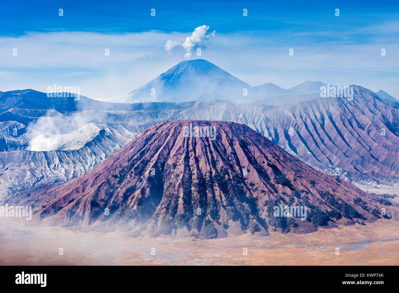 Bromo, Batok and Semeru volcanoes, Java island, Indonesia Stock Photo ...