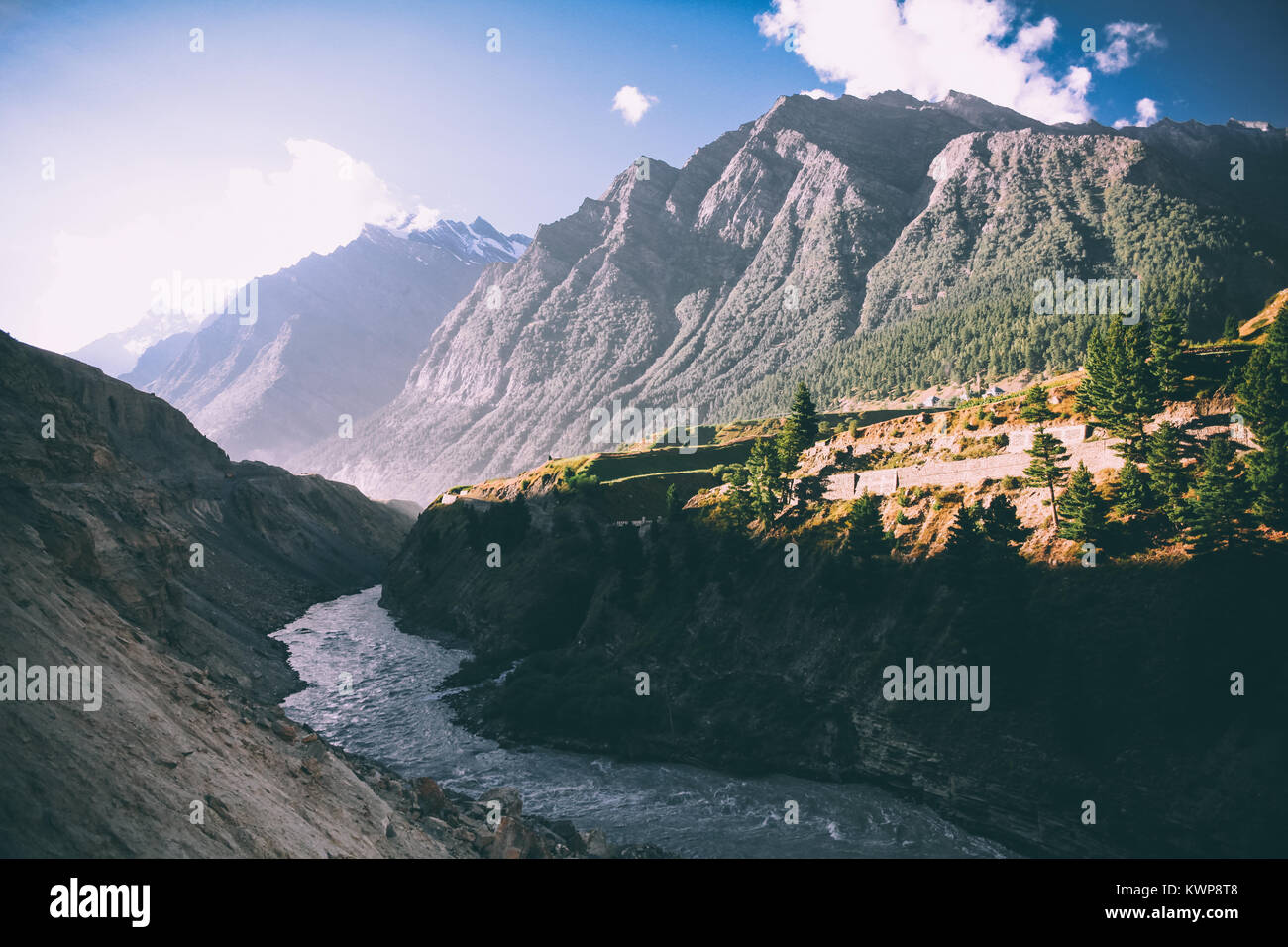 beautiful mountain river in valley and majestic mountains in indian ...