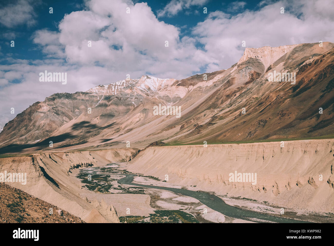 beautiful landscape with mountain river in valley in Indian Himalayas ...