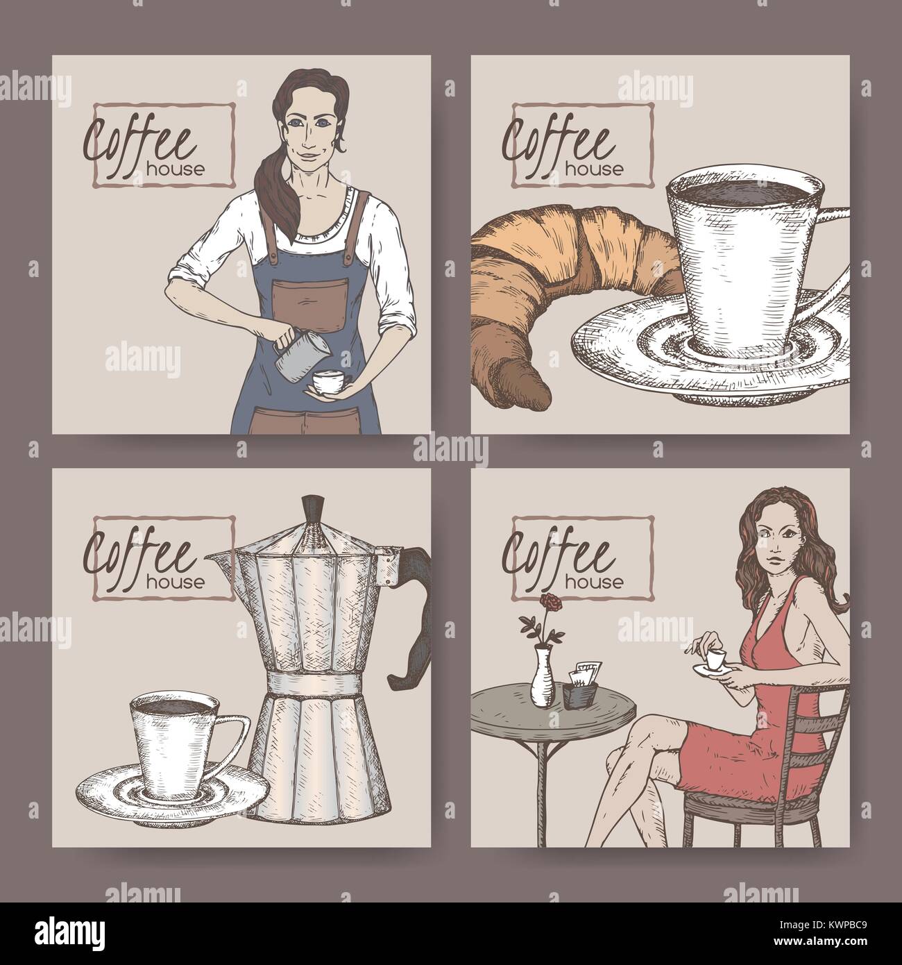 Four color coffee house labels with barista, coffee cup, moka pot ...