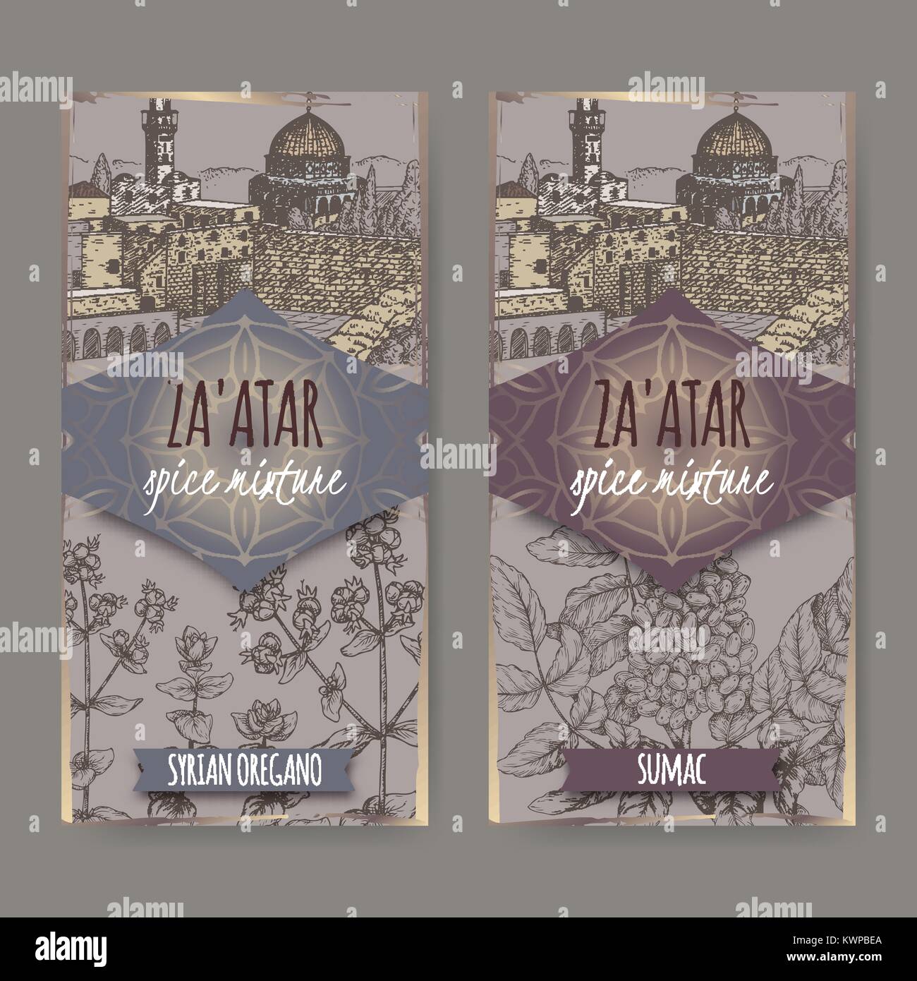 Two Zaatar labels with Jerusalem landscape, Syrian oregano and Sumac ...