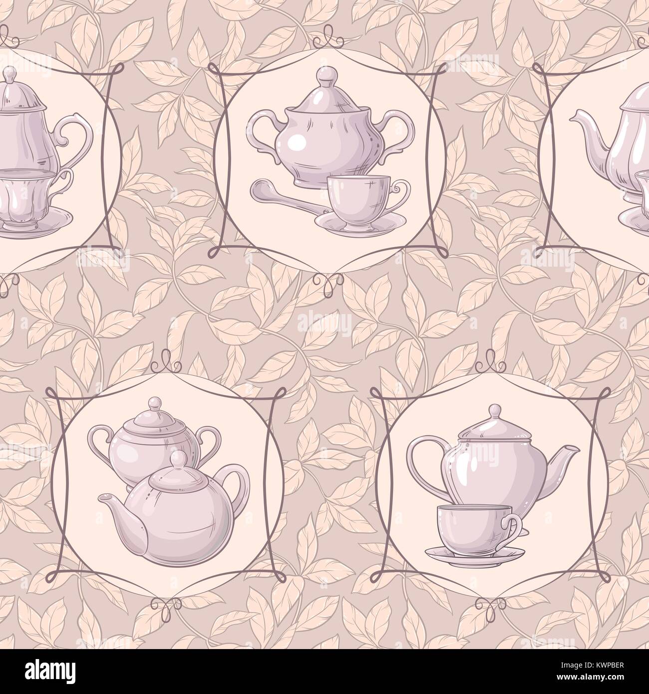 Seamless pattern with cup of tea with teapot, sugar bowl and tea leaves ...