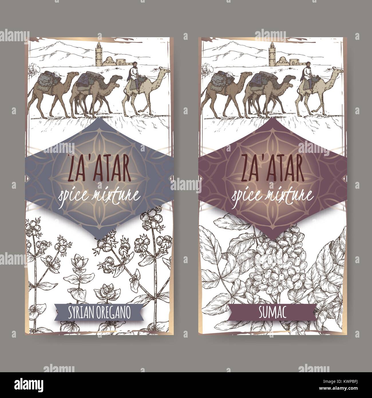 Two Zaatar labels with desert landscape, Syrian oregano and Sumac ...