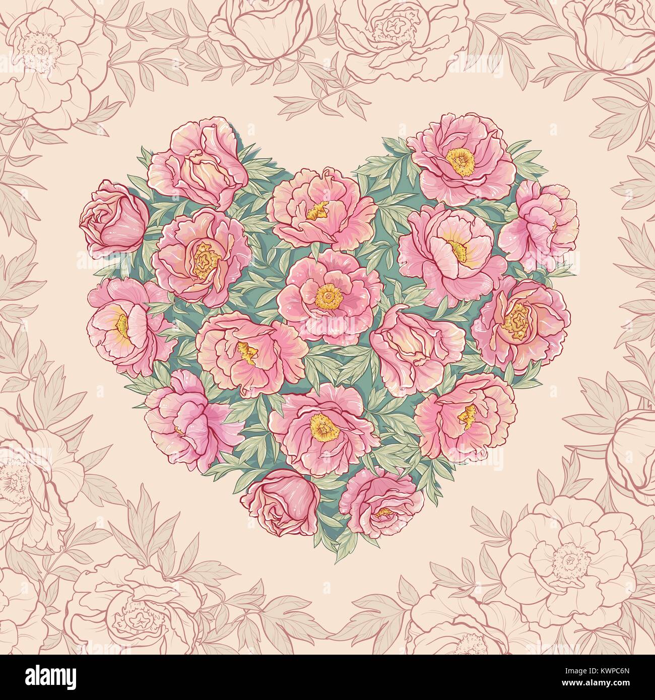 vector illustration with pink peonies heart Stock Vector Image & Art ...