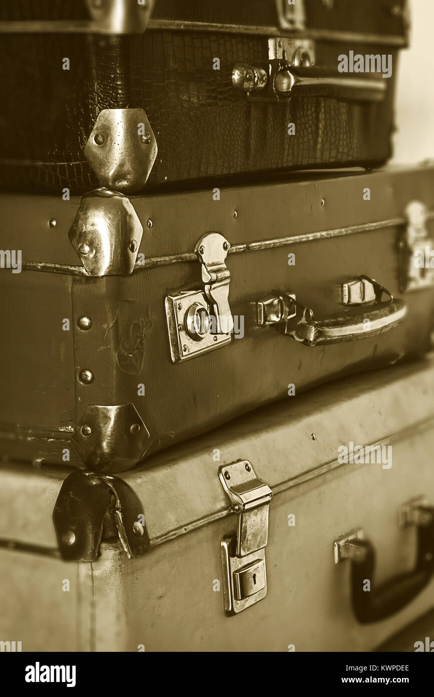 Vintage travel old suitcases, monochromatic photo in retro style Stock ...