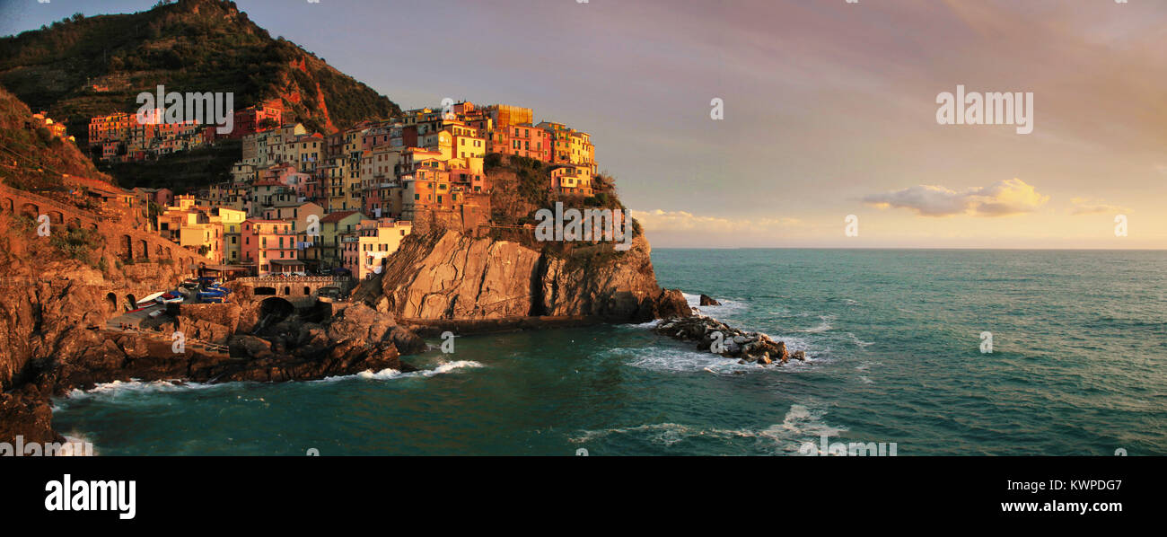 Panoramic view at sunset of Manarola in National Park of Cinque Terre ...