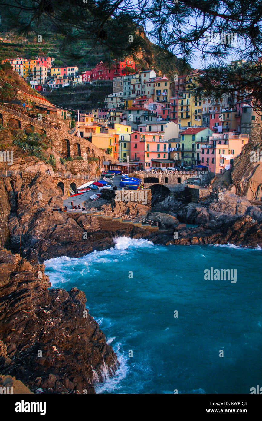 Panoramic view at sunset of Manarola in National Park of Cinque Terre ...