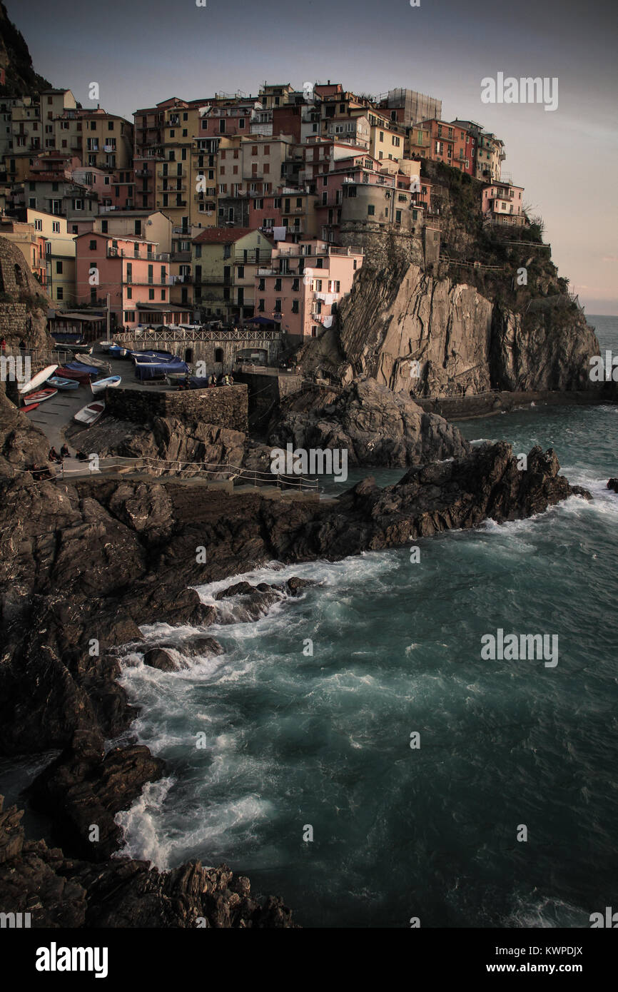 Panoramic view at sunset of Manarola in National Park of Cinque Terre ...