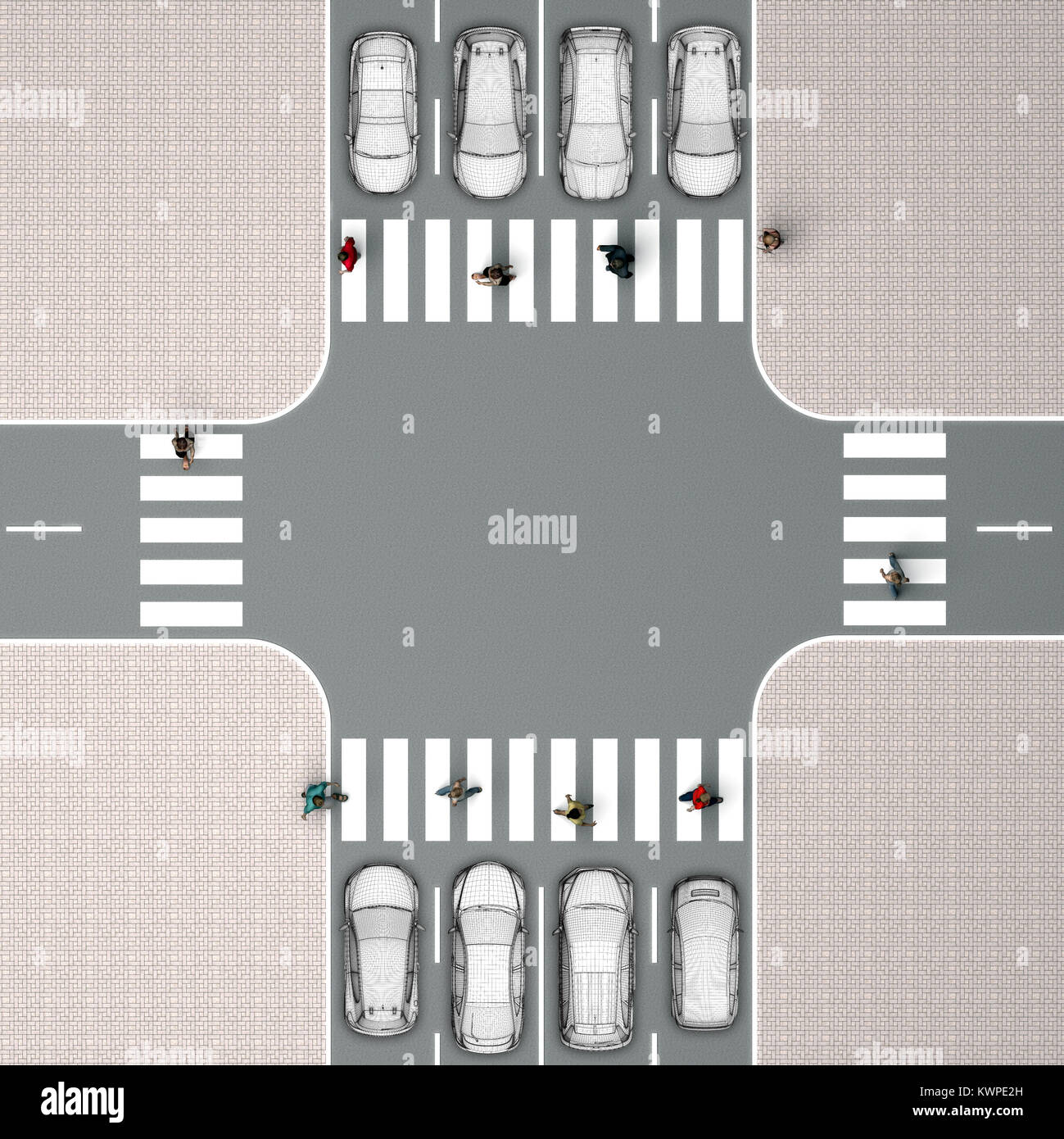 Crossroads with a pedestrian crossing. Top view. 3d rendering Stock ...