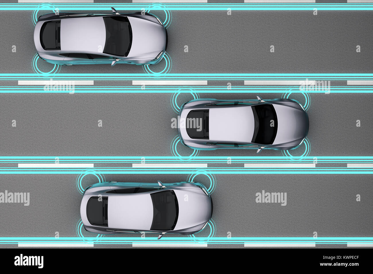 traffic autopilot car with distance sensors in flow top view. 3d ...