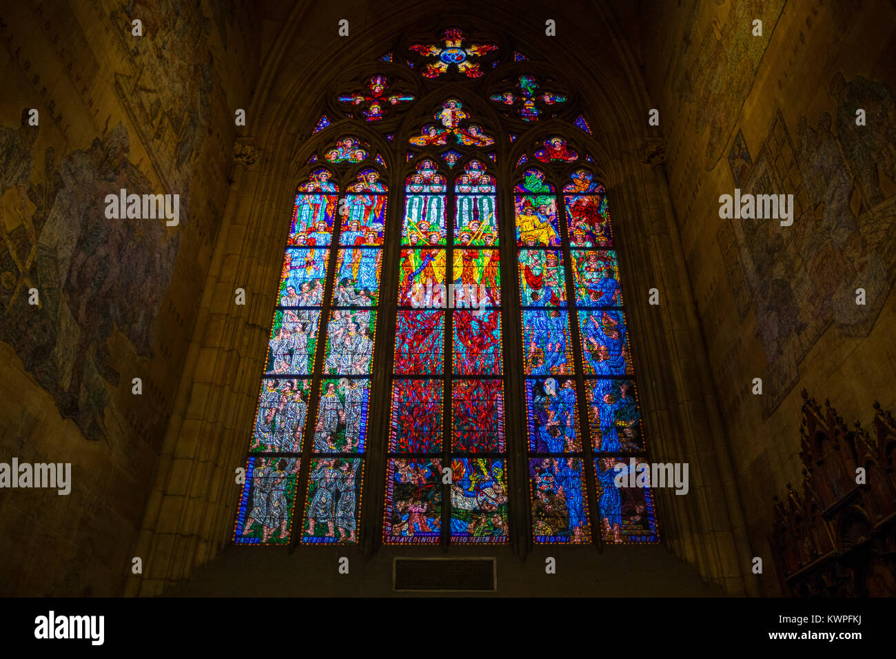 PRAGUE, CZECH REPUBLIC - DECEMBER 22ND 2017: A stained glass window ...