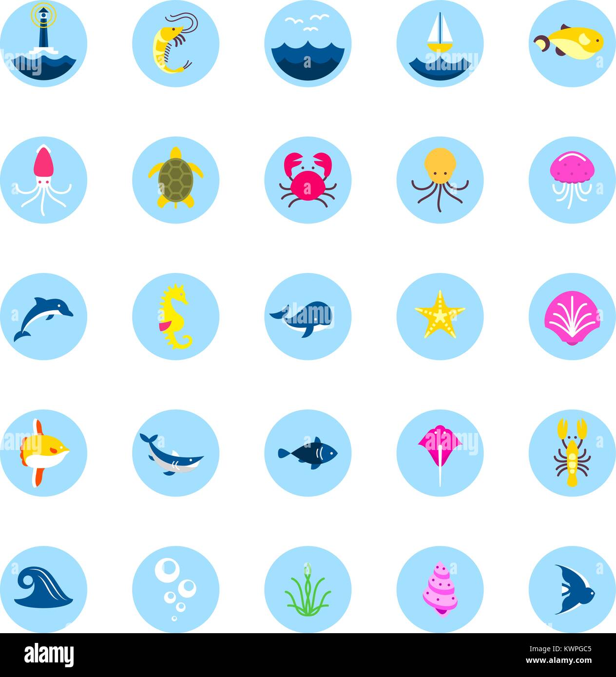 ocean or sea logo with with animals and fish, shellfish and seashells ...