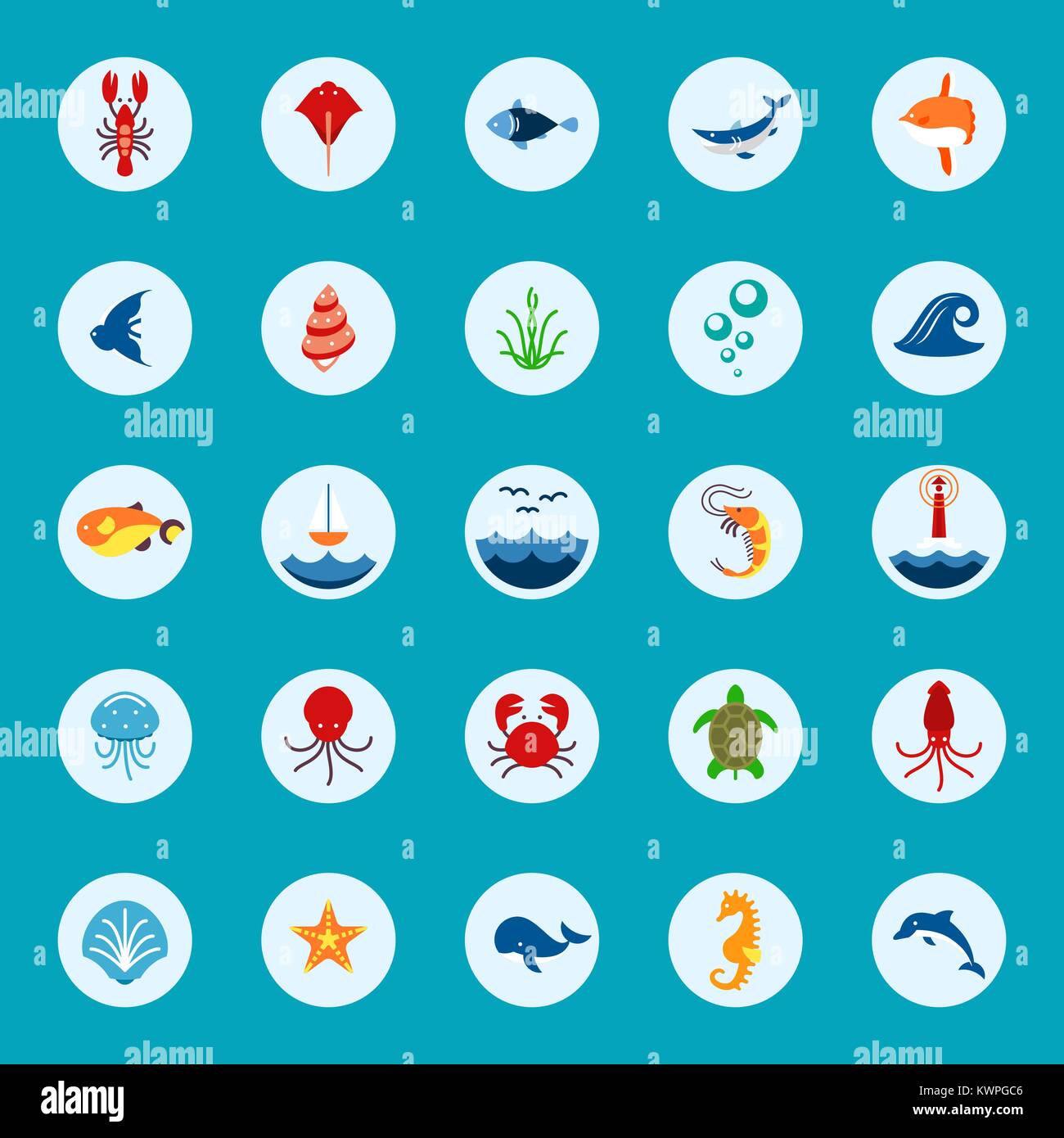 ocean or sea logo with with animals and fish, shellfish and seashells ...
