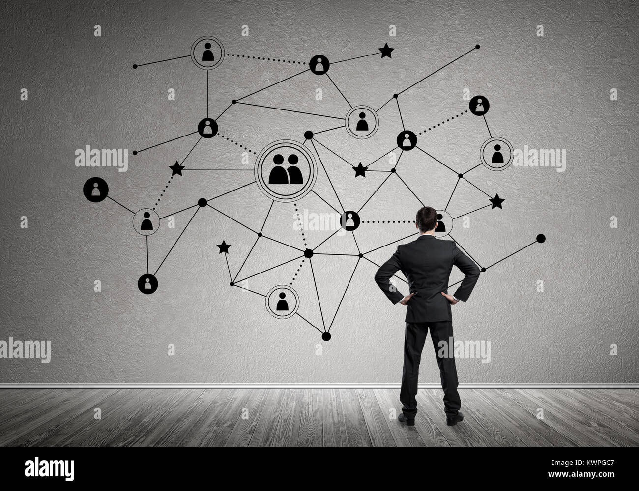 Connection lines drawn on concrete wall as symbol for networking Stock ...