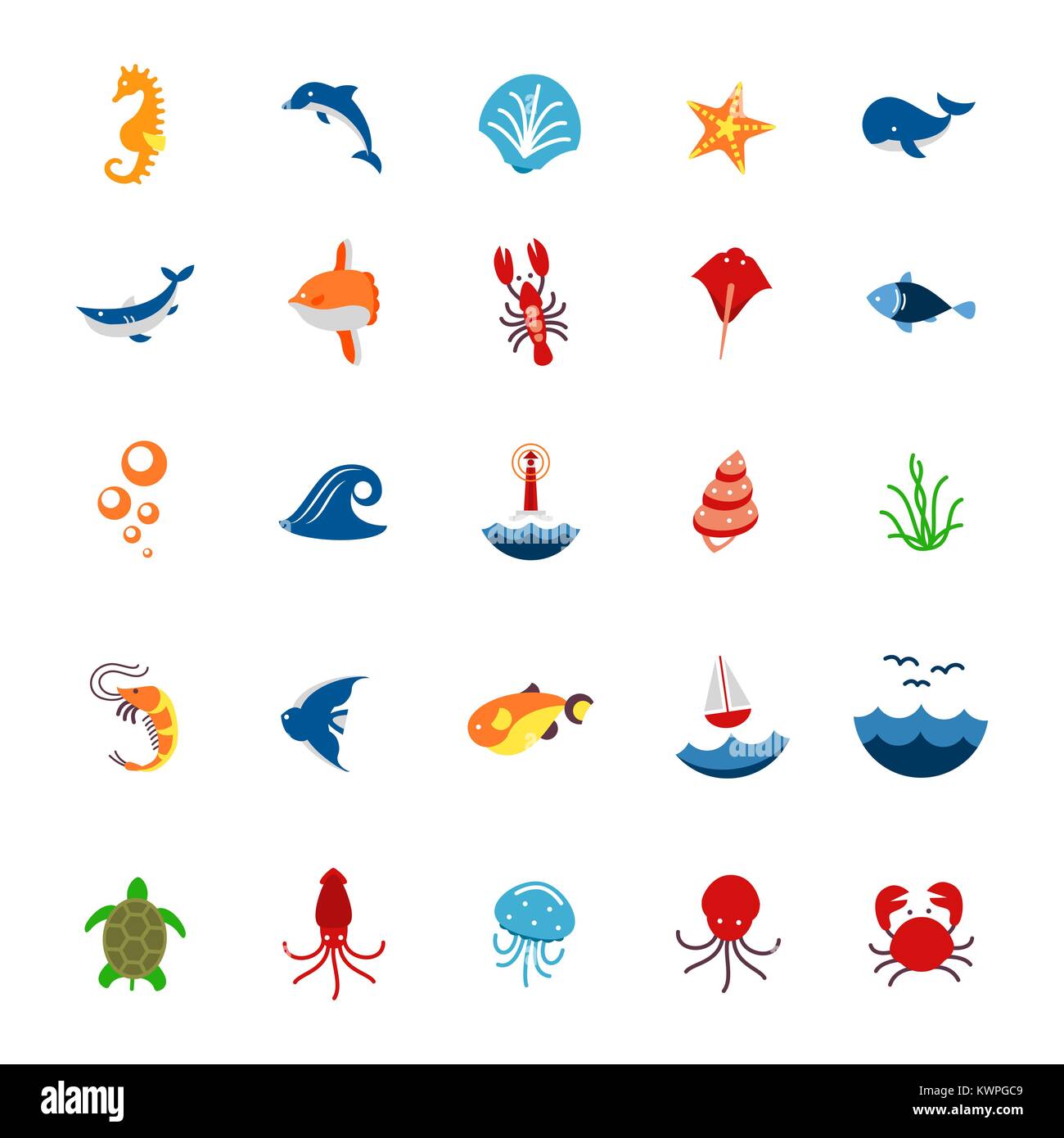 ocean or sea logo with with animals and fish, shellfish and seashells ...