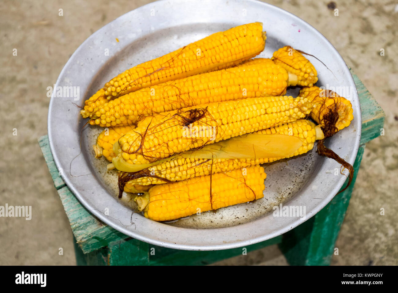 Boiled corn on an aluminum tray. Yellow boiled young corn, useful and ...