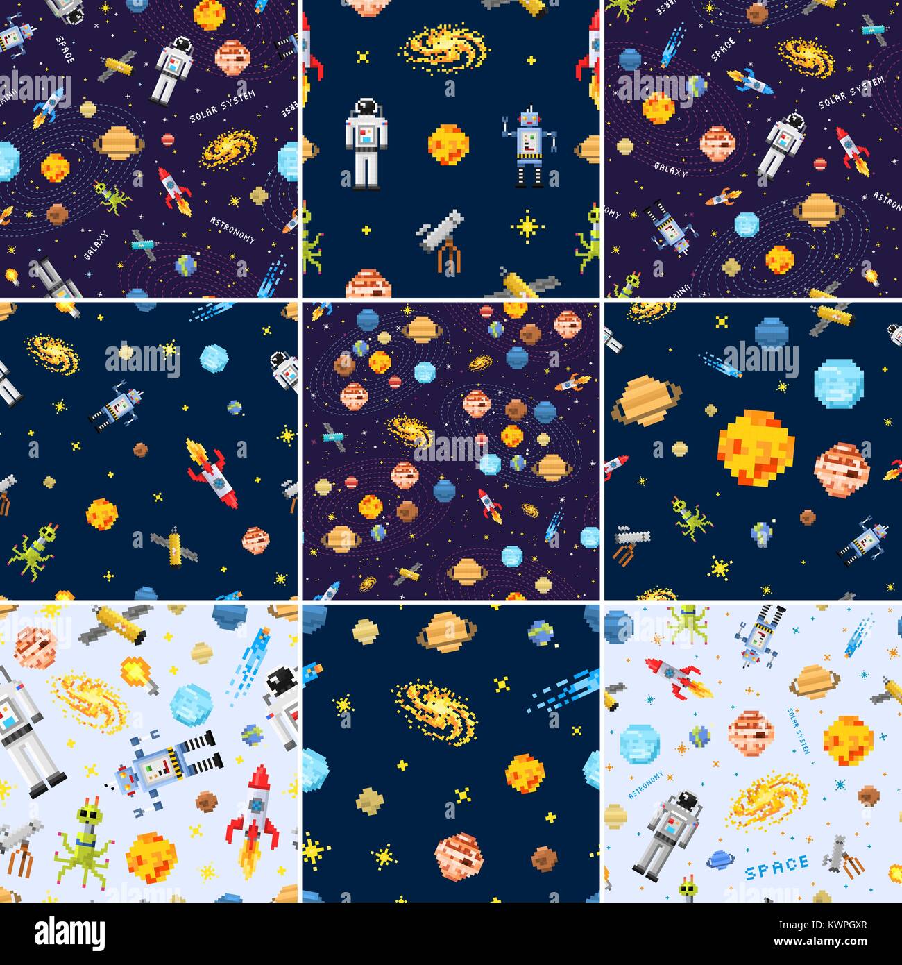 space seamless pattern set background, alien spaceman, robot rocket and ...