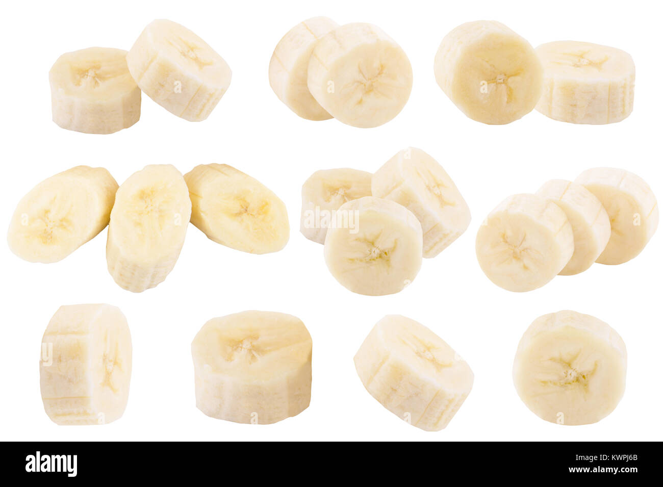 Isolated bananas. Set of freshly slices bananas isolated on white ...