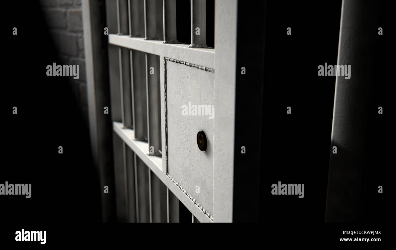 A closeup of the locking mechanism of a closed jail cell with welded ...
