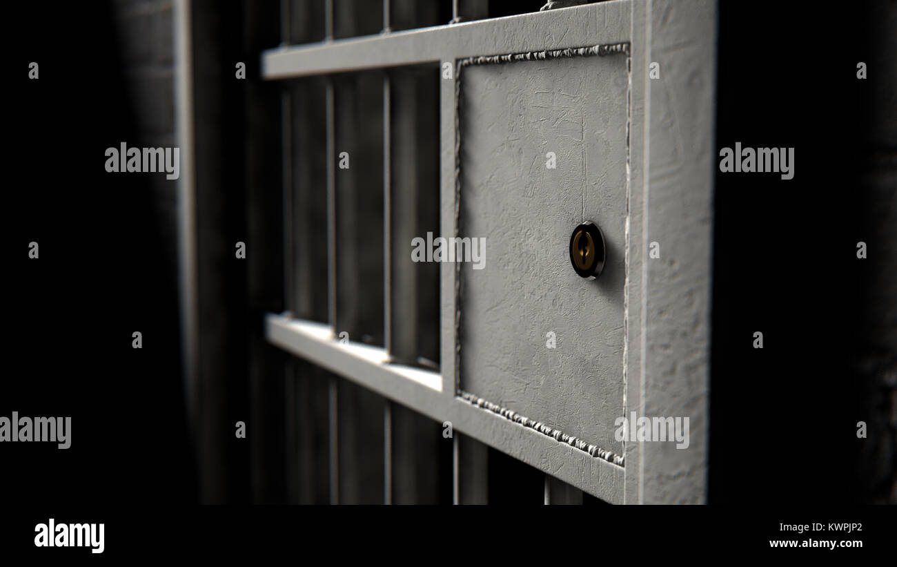 A closeup of the locking mechanism of a closed jail cell with welded ...
