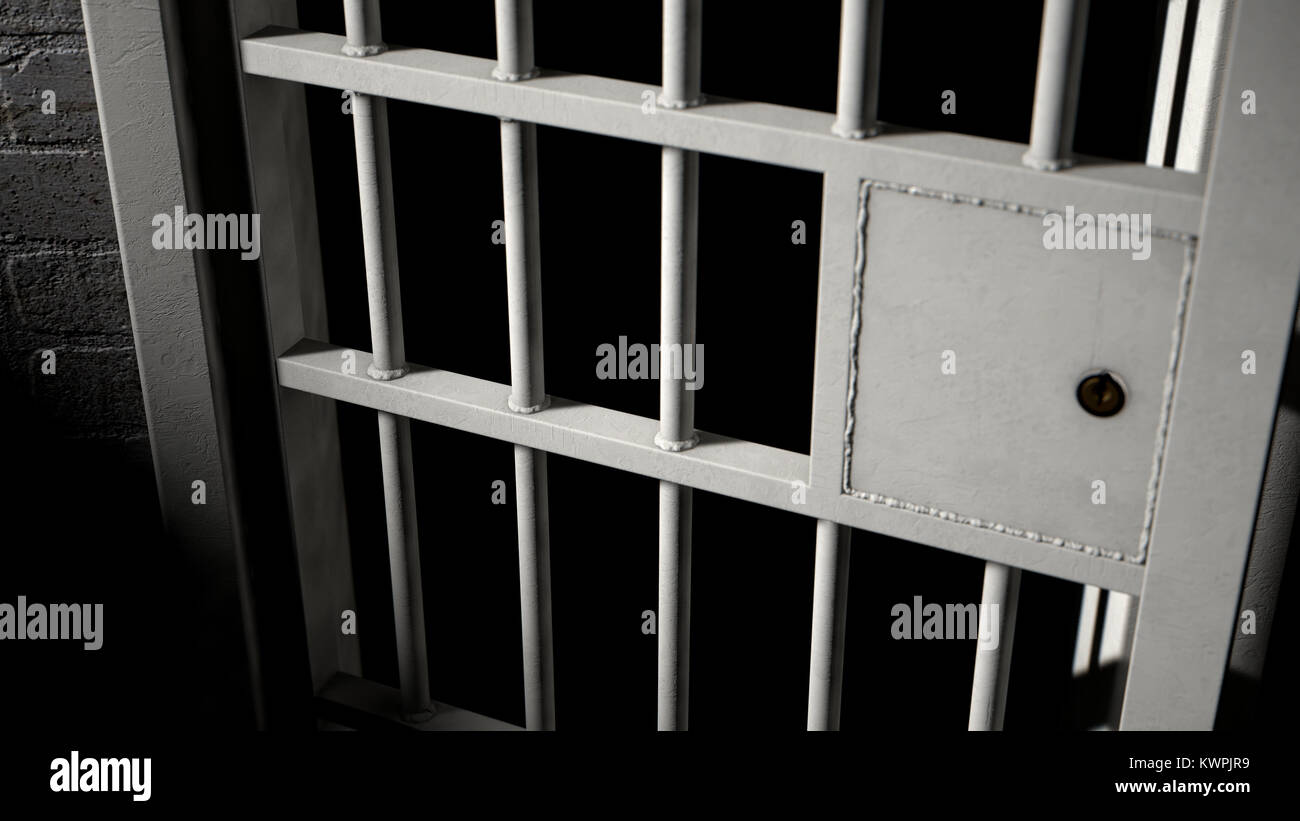 A closeup of the locking mechanism of a closed jail cell with welded ...