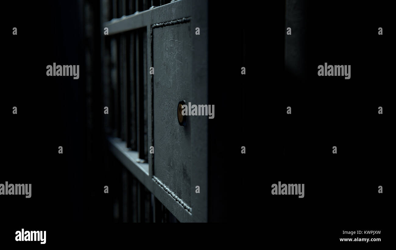 A closeup of the locking mechanism of an open jail cell with welded ...