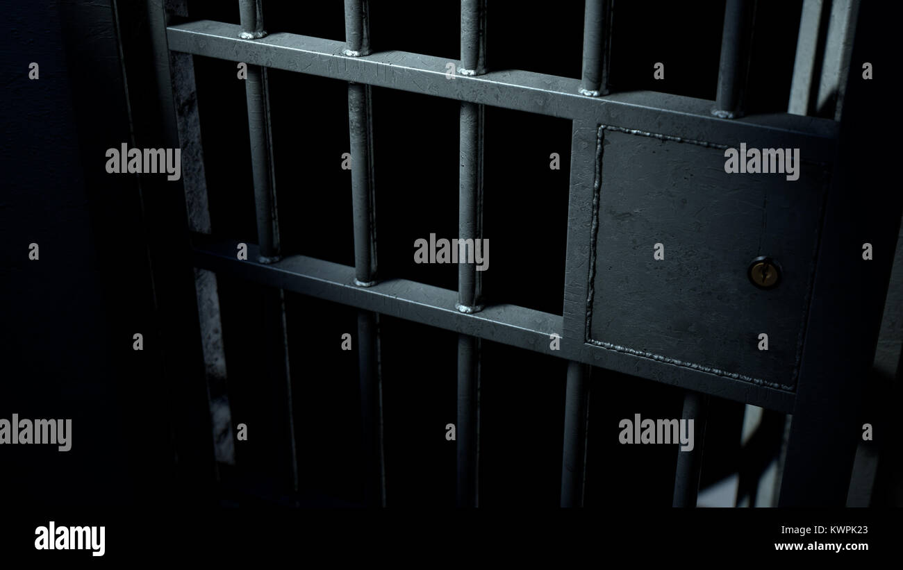 A closeup of the locking mechanism of an open jail cell with welded ...