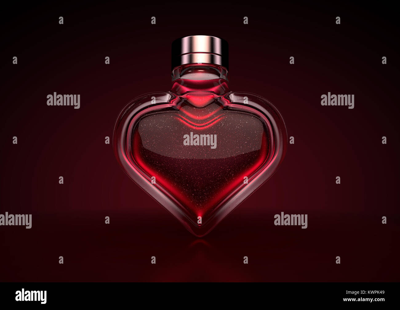 A love concept showing a heart shaped glass bottle of red perfume on a ...