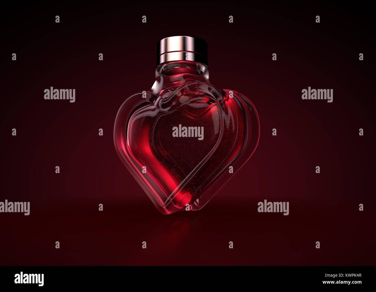 A love concept showing a heart shaped glass bottle of red perfume on a ...