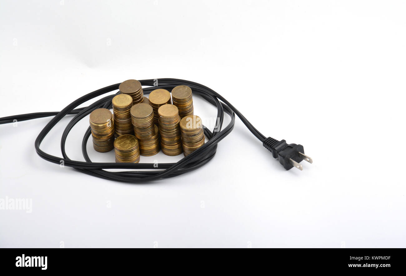 Electric cable with coins isolated on white background Stock Photo - Alamy