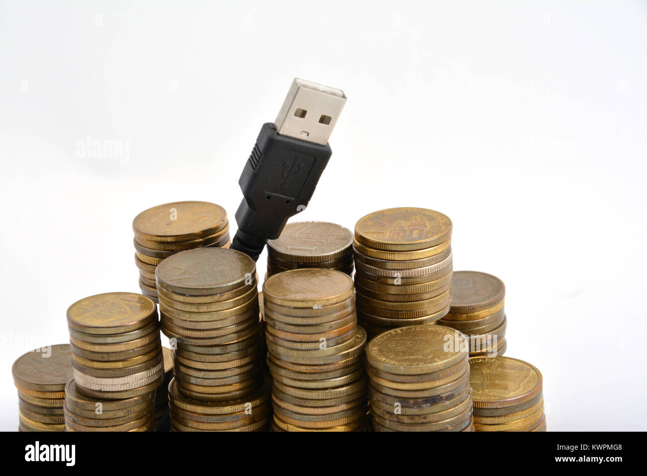USB cable with coins isolated on white background Stock Photo - Alamy