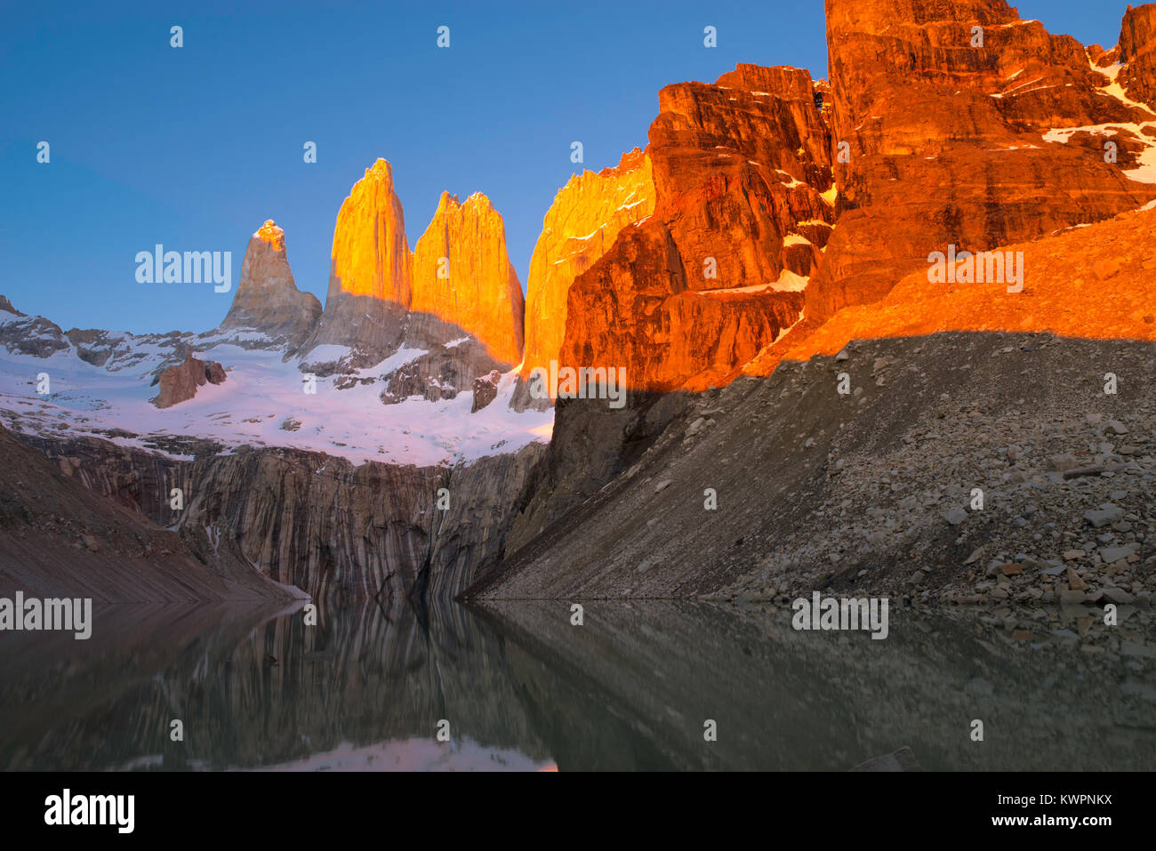 Sunrise view of the Bases del Torres at Torres del Paine National Park ...
