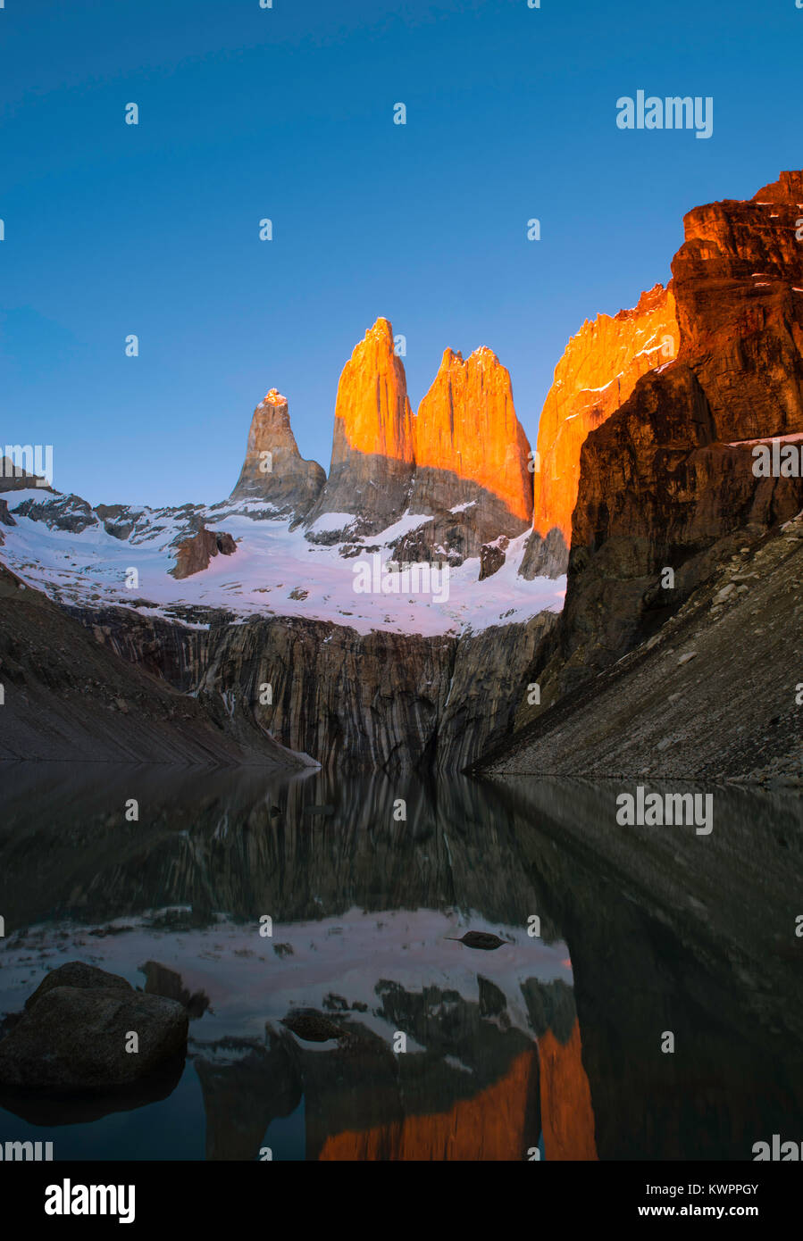 Sunrise view of the Bases del Torres at Torres del Paine National Park ...