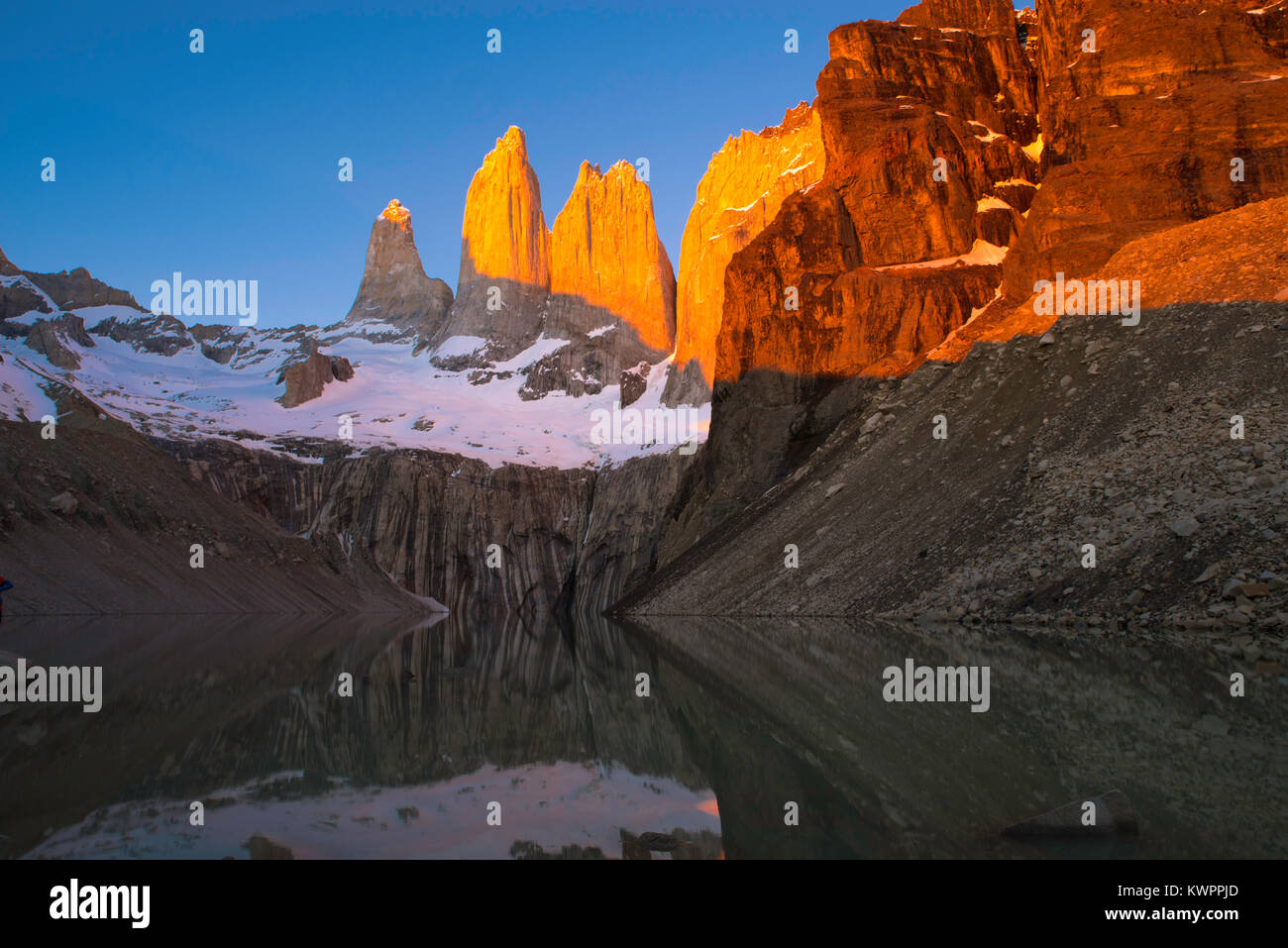 Sunrise view of the Bases del Torres at Torres del Paine National Park ...