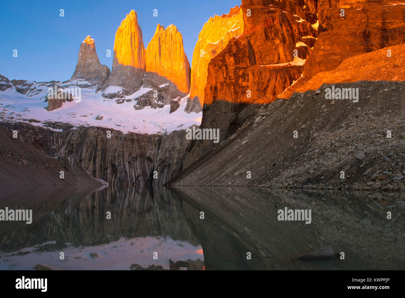 Sunrise view of the Bases del Torres at Torres del Paine National Park ...