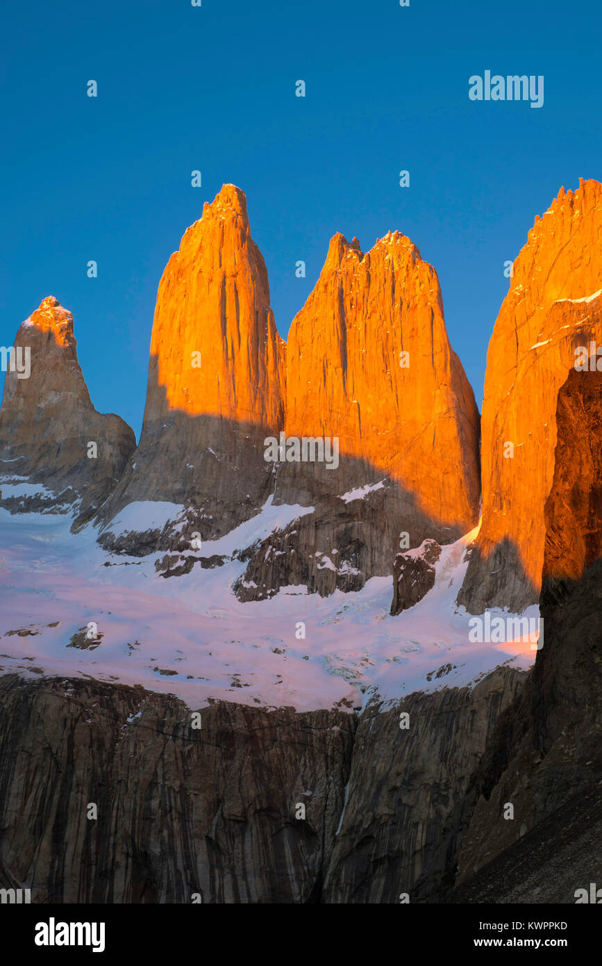 Sunrise view of the Bases del Torres at Torres del Paine National Park ...