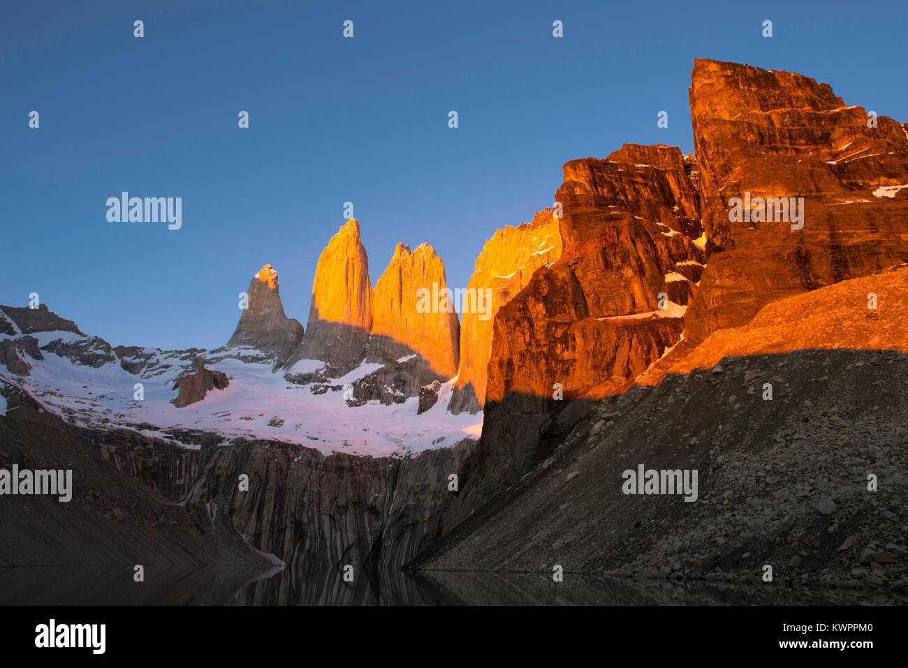 Sunrise view of the Bases del Torres at Torres del Paine National Park ...