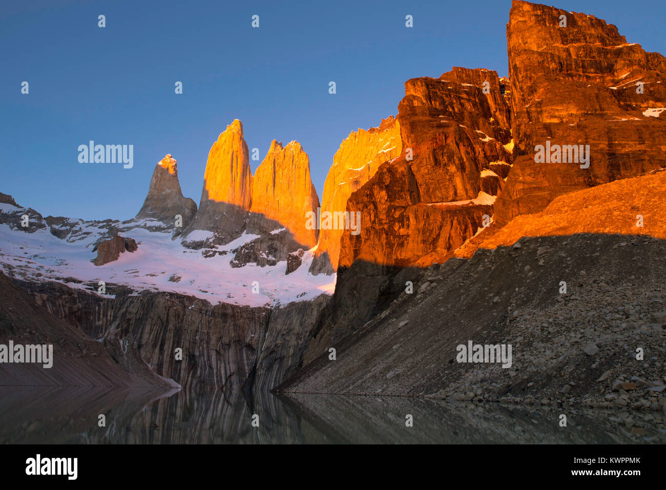 Sunrise view of the Bases del Torres at Torres del Paine National Park ...