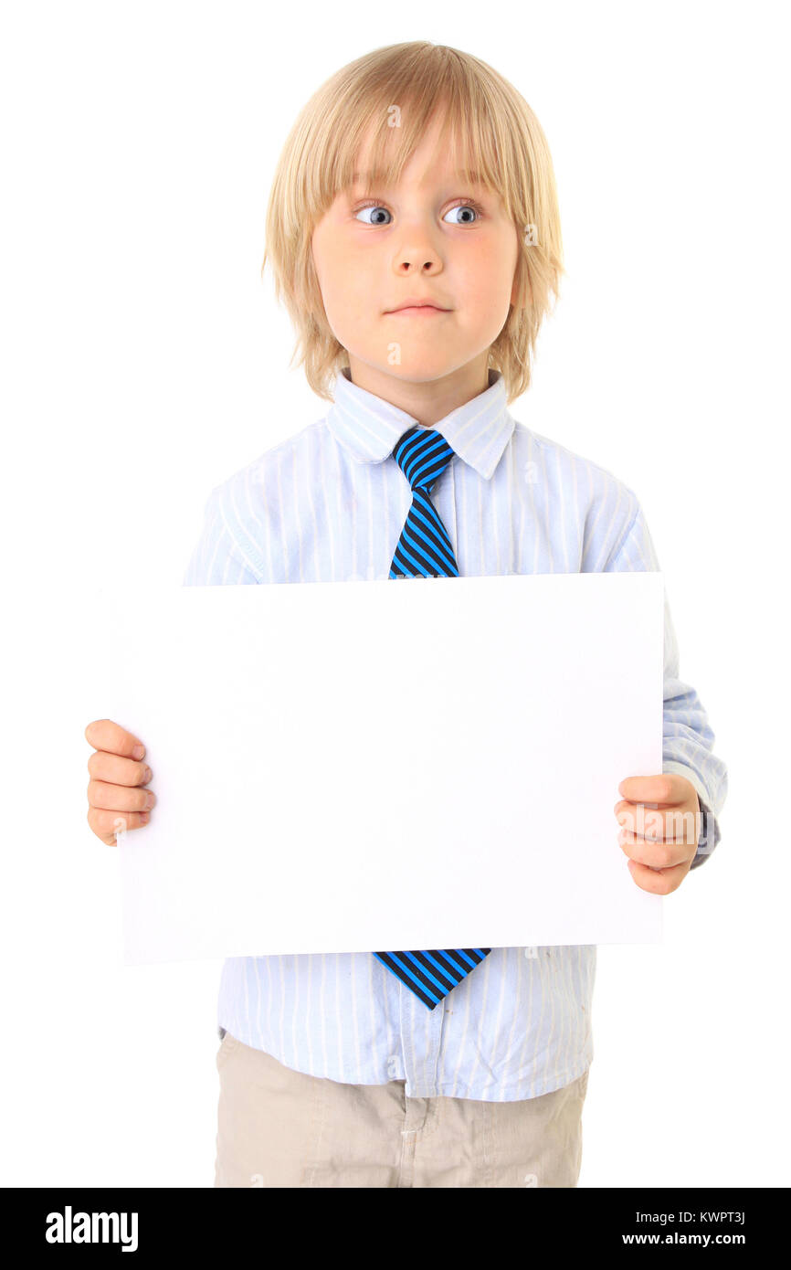 little boy with card for text isolated on white Stock Photo - Alamy