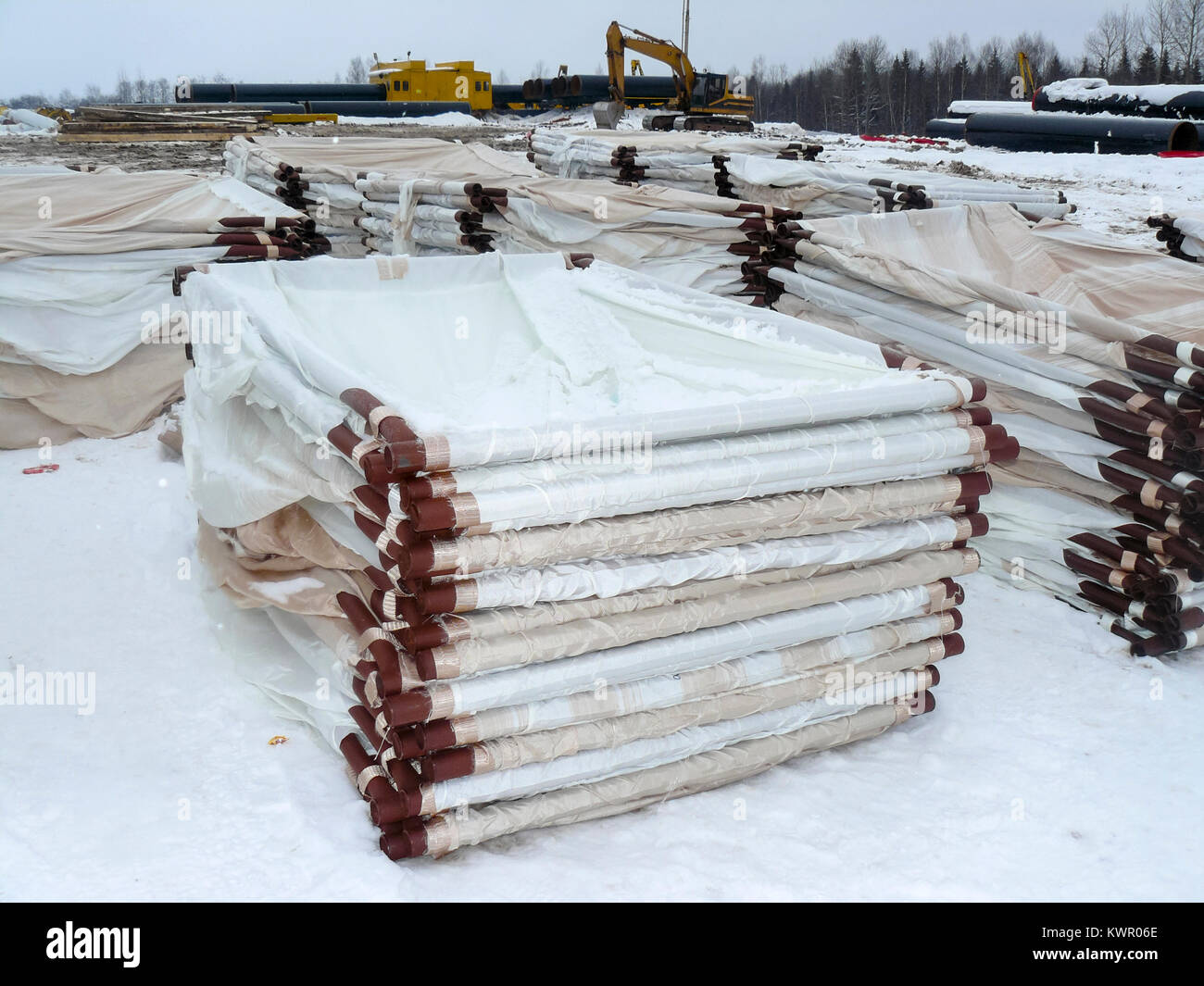 Pipe storage in the open air. Construction of the gas pipeline ...
