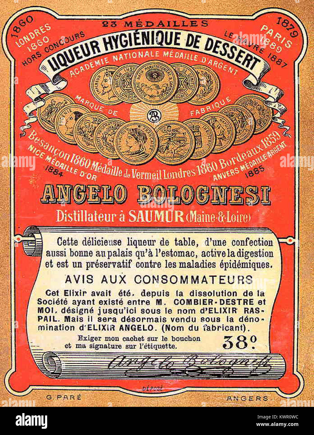 The image depicts a historical label for 'Elixir Raspail,' later known ...