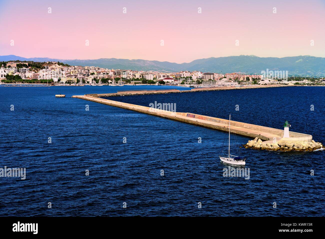 Yacht sailing into the port of Cagliari, Italy in September 2017 Stock ...